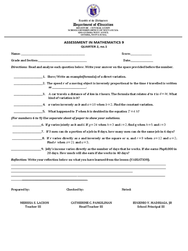 Math 9 Variation Assessment & Tasks | PDF | Teaching Mathematics | Science