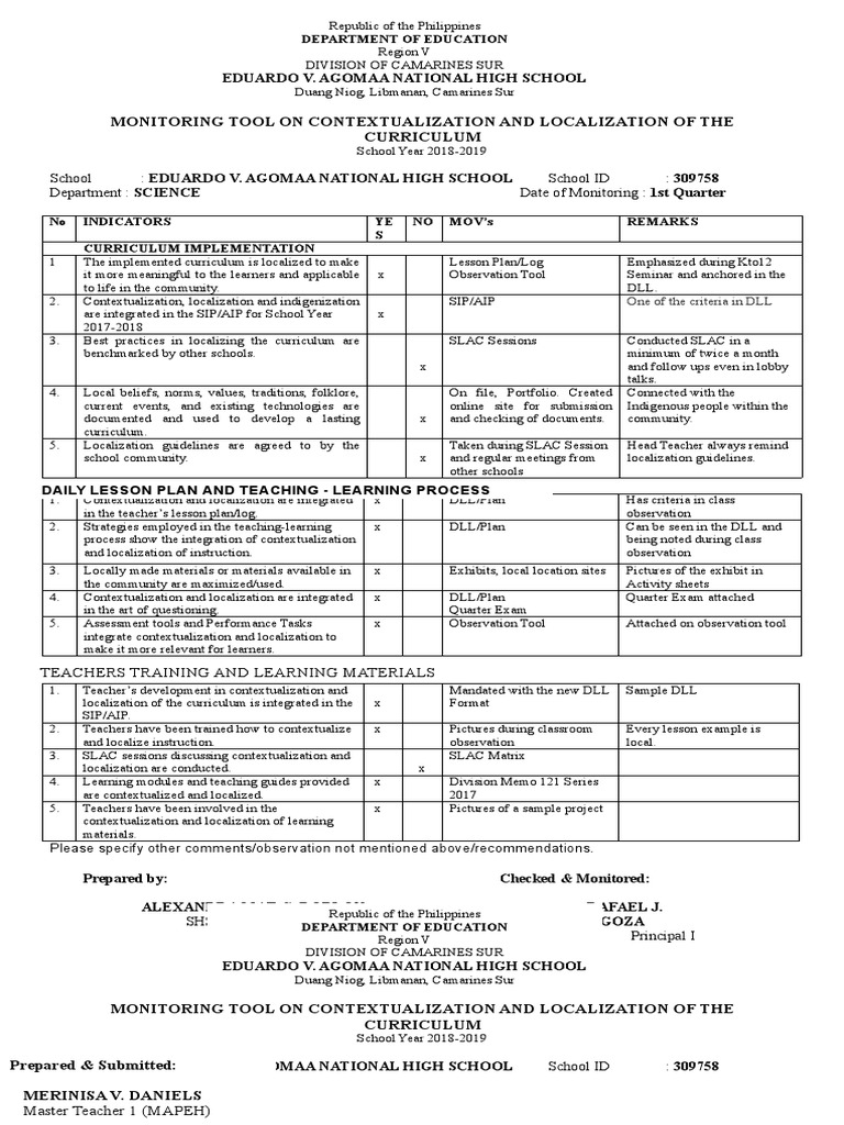 Monitoring Tool Report On Contextualization of Curriculum | PDF ...