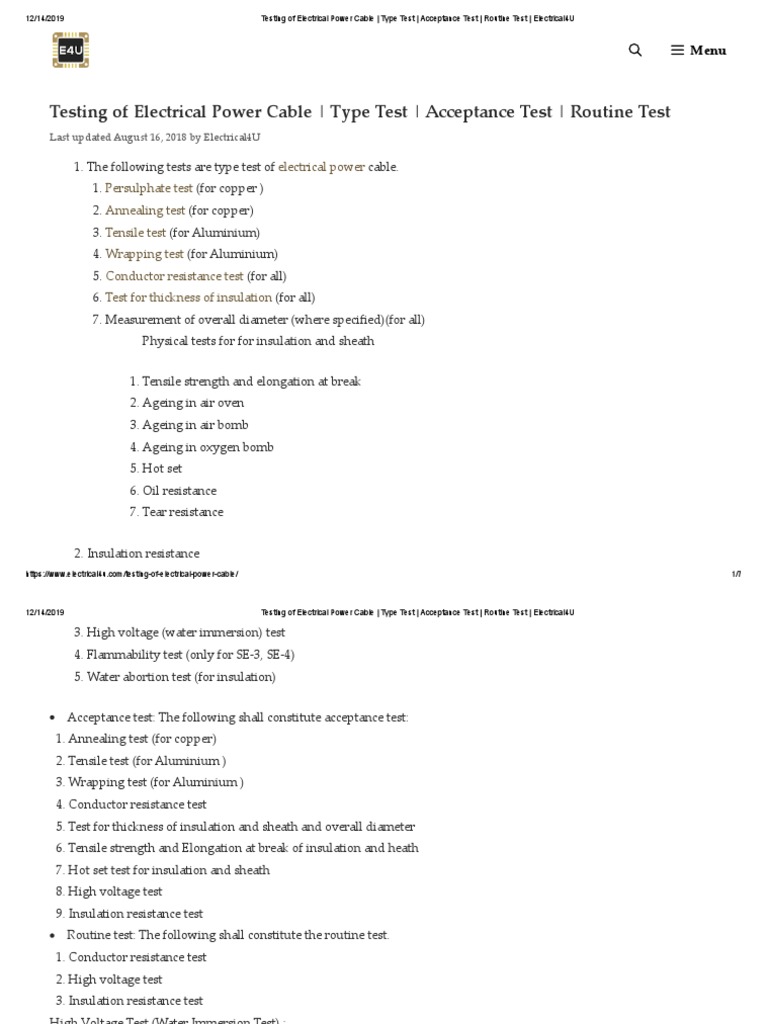 Testing of Electrical Power Cable - Type Test - Acceptance Test ...