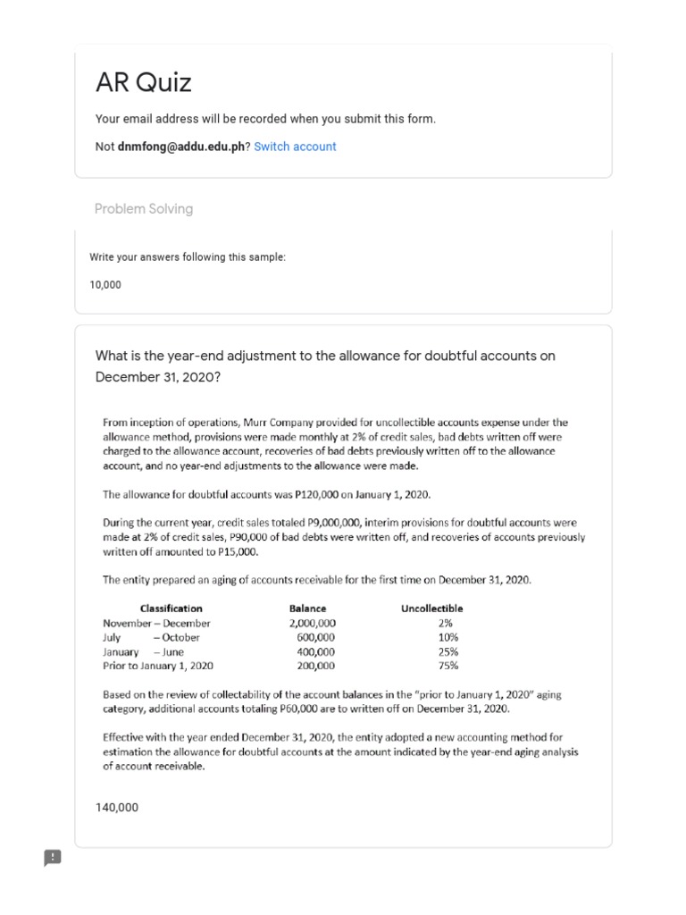 AR Quiz Page 2 | PDF | Debits And Credits | Bad Debt