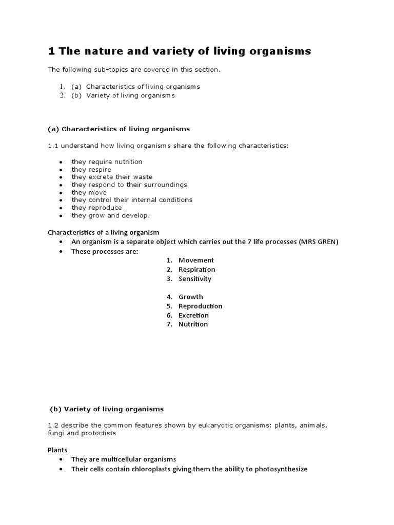 1 The Nature and Variety of Living Organisms | PDF | Cell (Biology ...