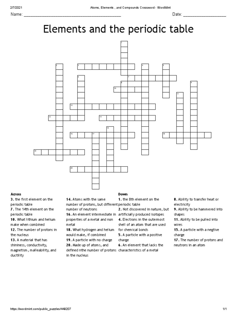 Atoms, Elements, and Compounds Crossword - WordMint | PDF | Atoms ...
