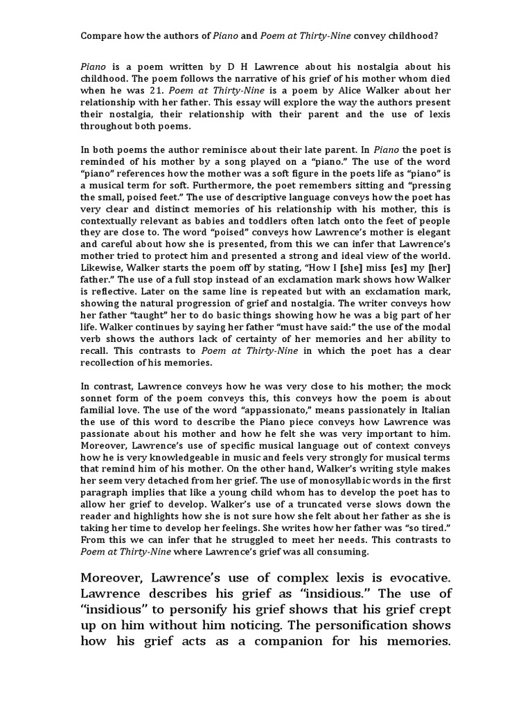 Compare How The Authors of Piano and Poem at Thirty-Nine Convey ...