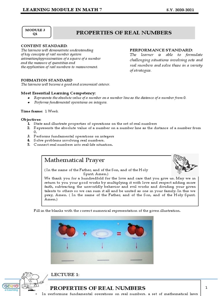 MATH 7 MODULE ON REAL NUMBERS | PDF | Subtraction | Numbers