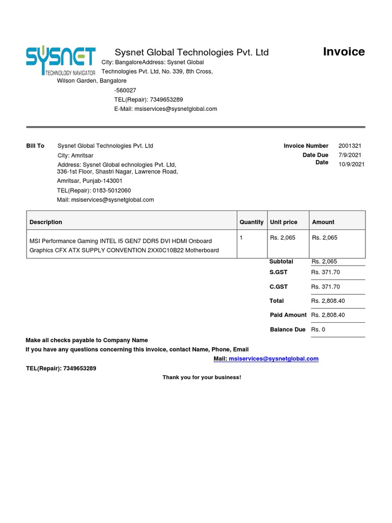 Invoice: Sysnet Global Technologies Pvt. LTD | PDF