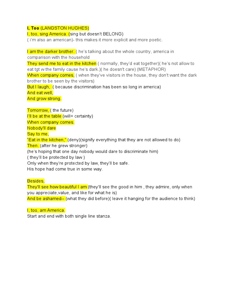 I, Too - Analysis | PDF | Politics And Race | Discrimination & Race ...