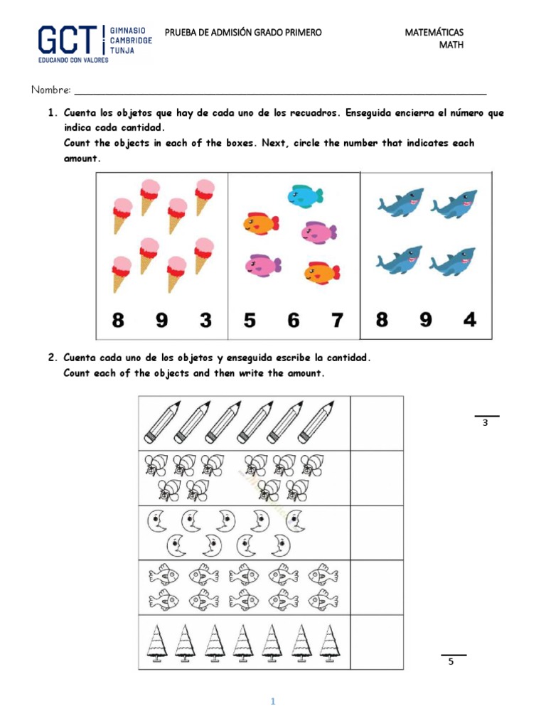 Prueba Matemáticas Grado 1: Conteo y Figuras | PDF | Enseñanza de ...