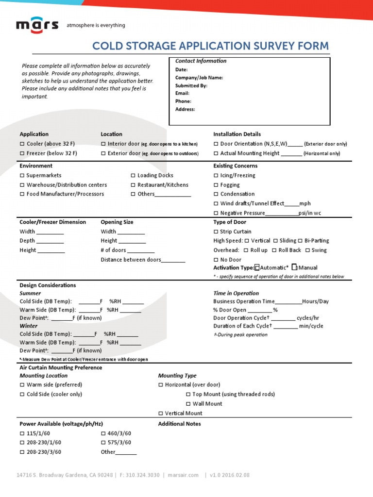 Cold Storage Application Survey Form: Contact Information | PDF | Door ...