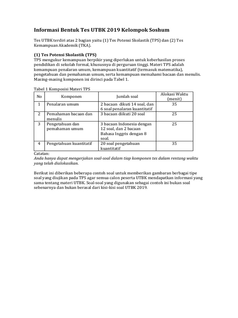 Contoh Tes Utbk Tps Tka Soshum | PDF