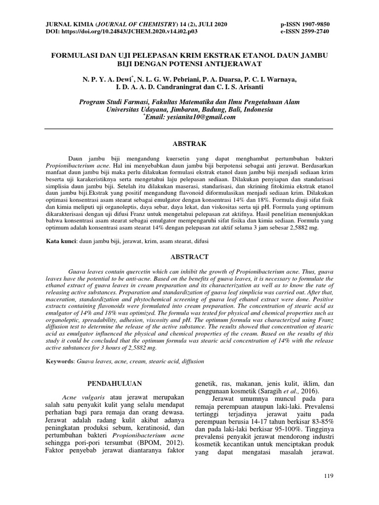 Formulasi Dan Uji Pelepasan Krim Ekstrak Etanol Daun Jambu Biji Dengan Potensi Antijerawat | PDF ...