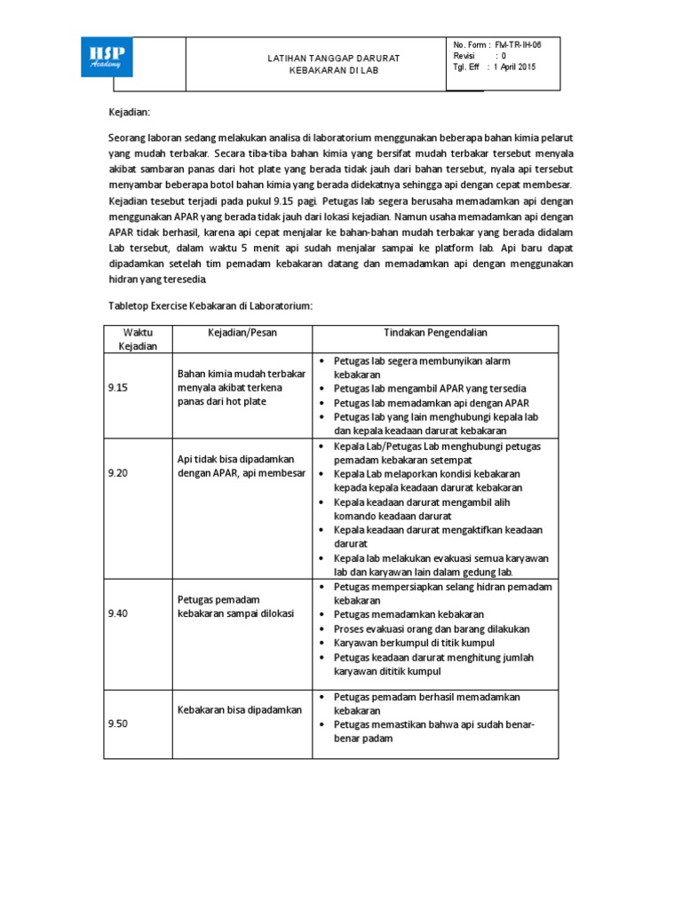 Contoh Tabletop Execercise Kebakaran Di Lab | PDF