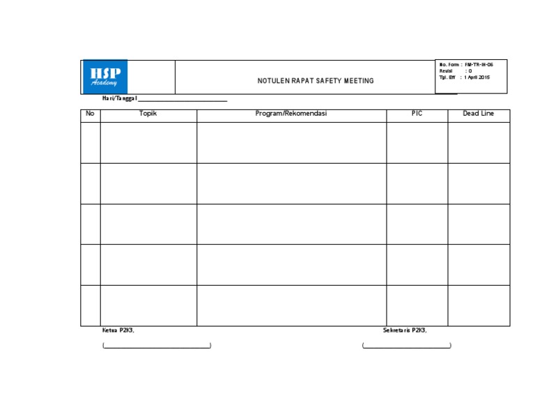 Form 01 Notulen Rapat P2K3 | PDF