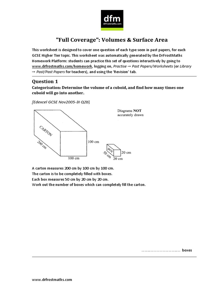 "Full Coverage": Volumes & Surface Area: (Edexcel GCSE Nov2005-3I Q2b ...