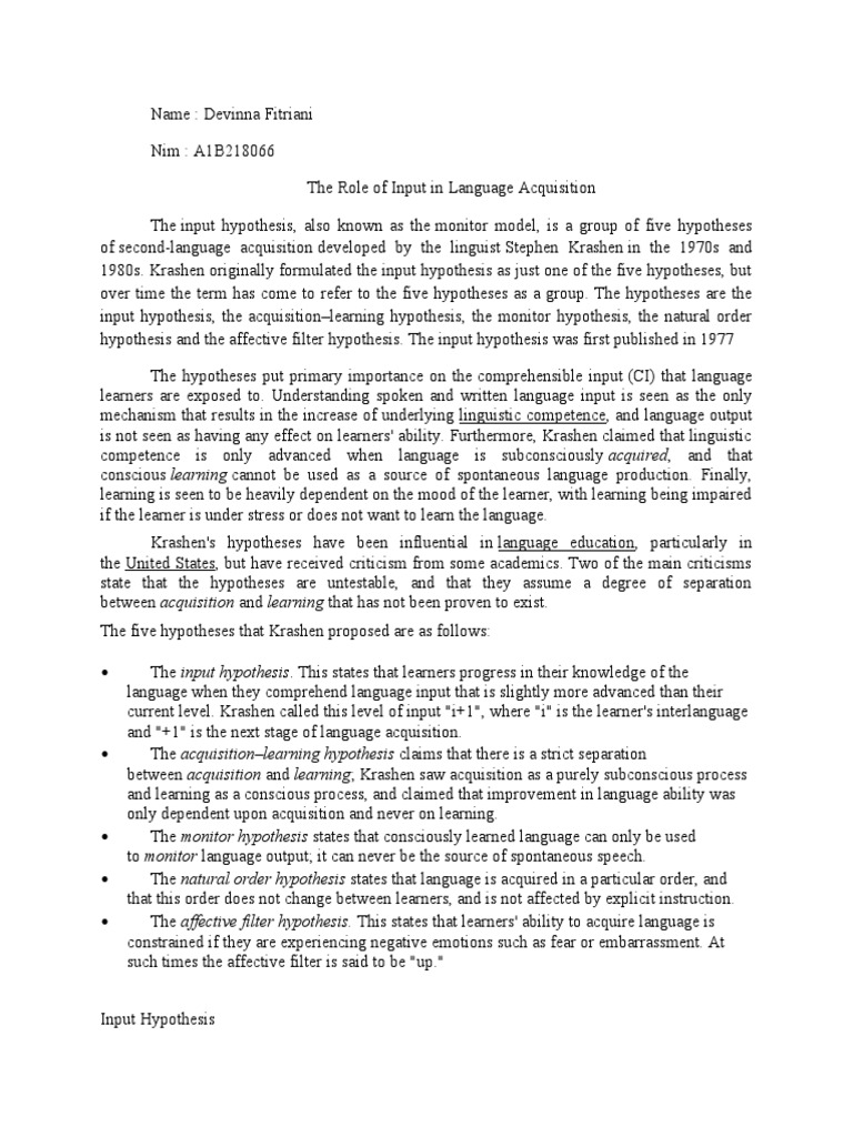 Krashen's Input Hypothesis in Language Acquisition | PDF | Psychology ...