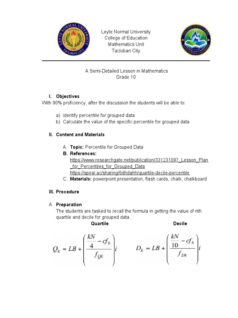 Semi - Detailed Lesson Plan | PDF | Percentile | Quartile