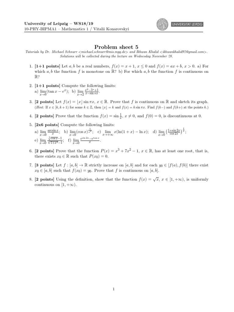 Problem sheet 5: x→0 x x→2 x −3 +1 x−sin πx | PDF