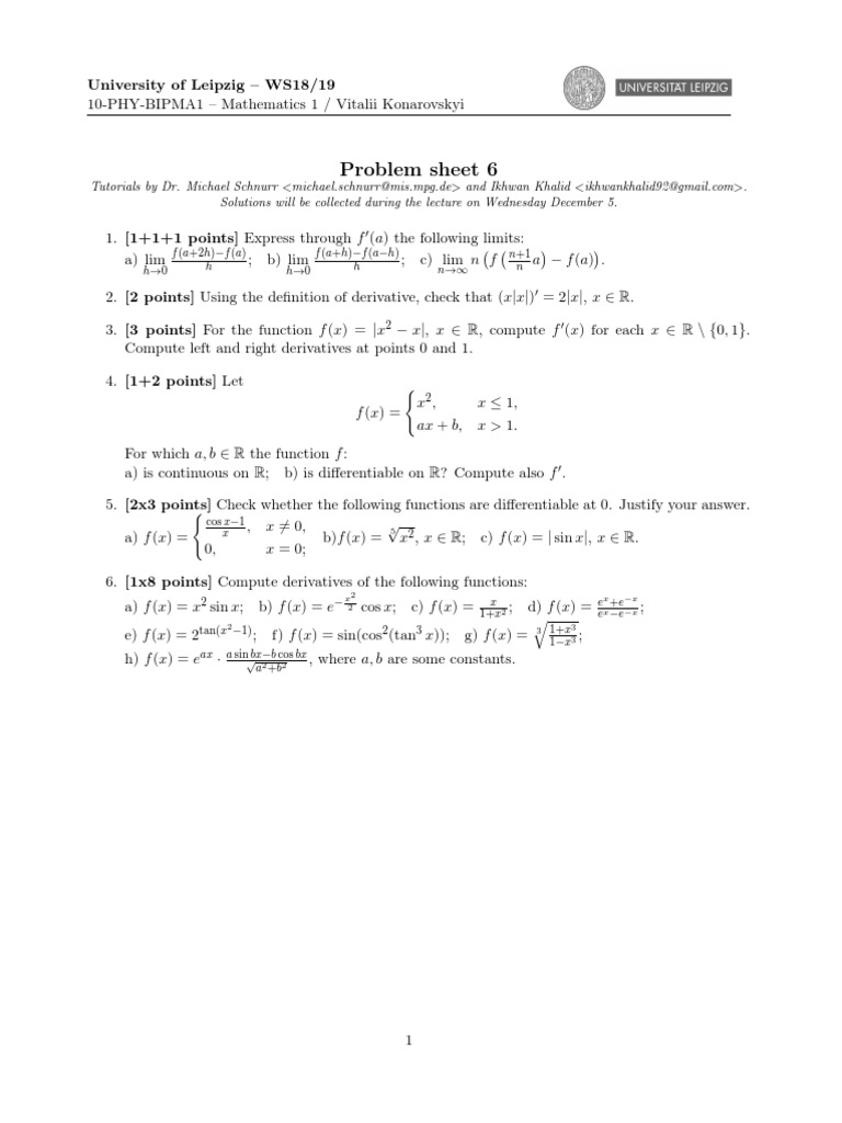 Problem Sheet 6: Solutions Will Be Collected During The Lecture On ...