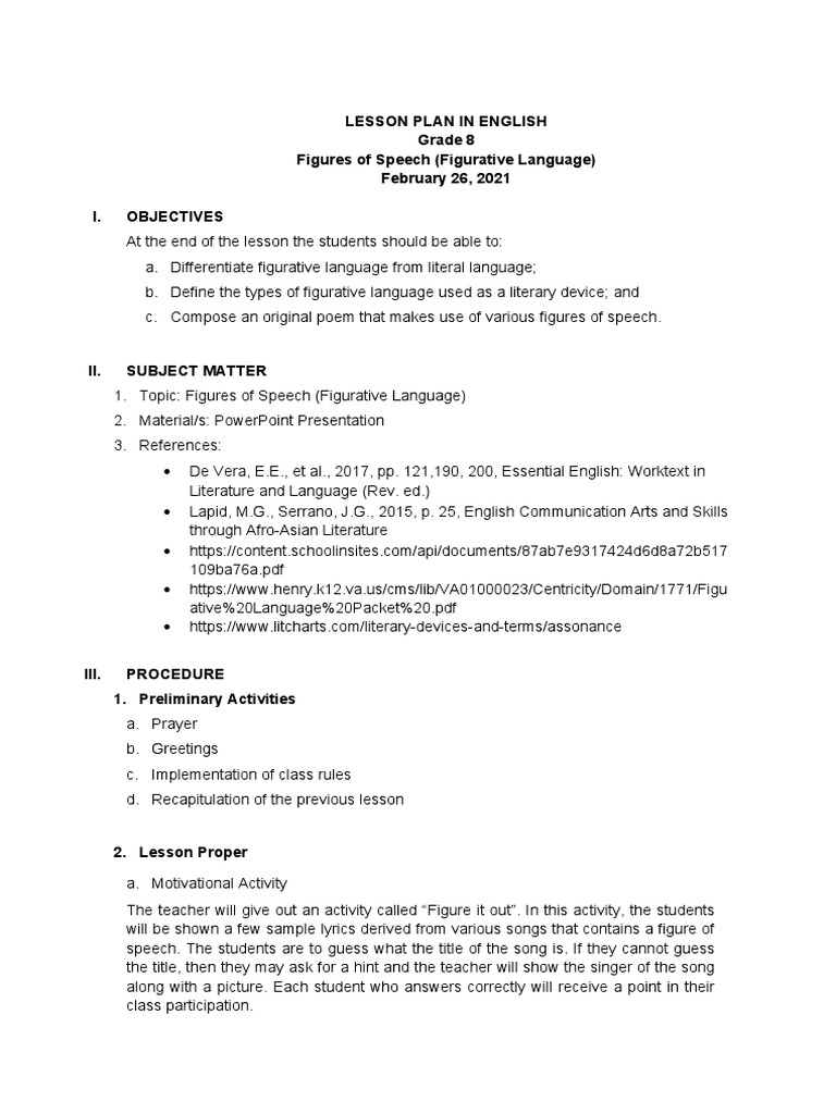 8th Grade Figurative Language Lesson Plan | PDF | Poetry | Lesson Plan