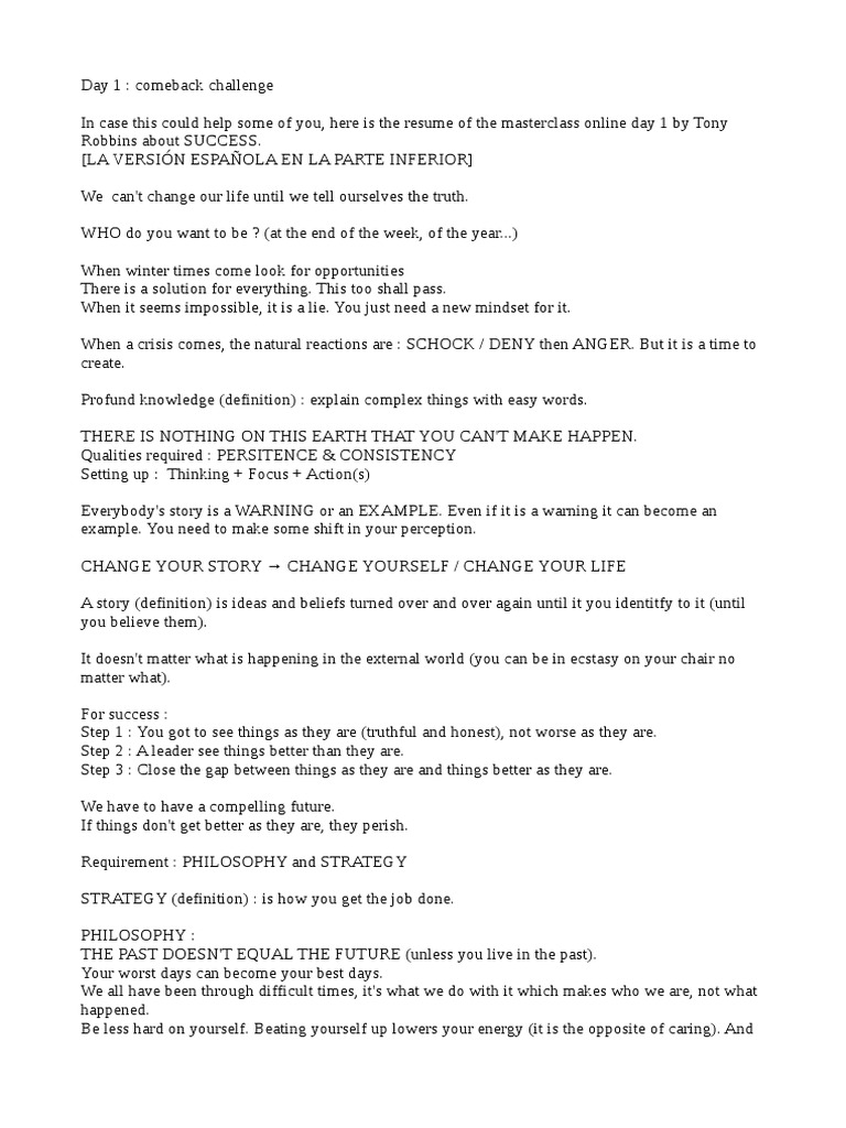 Tony Robbins Day1 To 7 Comeback Challenge | PDF | Feeling | Emotions