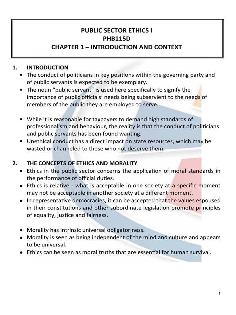 Public Sector Ethics I PHB115D Chapter 1 - Introduction and Context ...