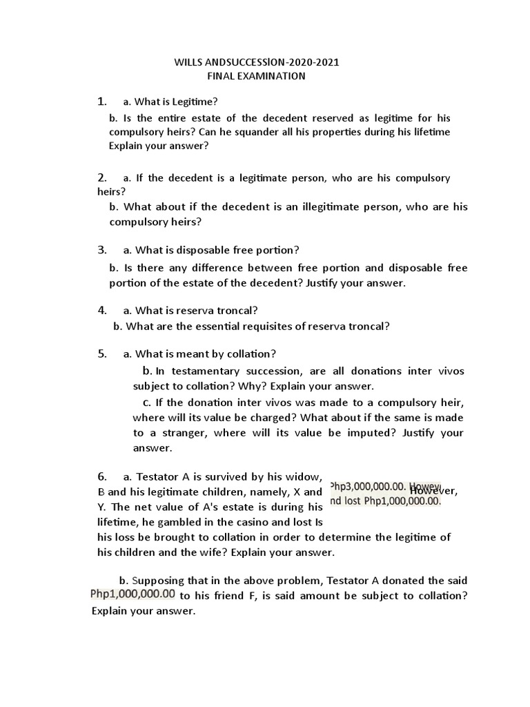 Wills and Succession Final Exam | PDF | Will And Testament | Wills And ...