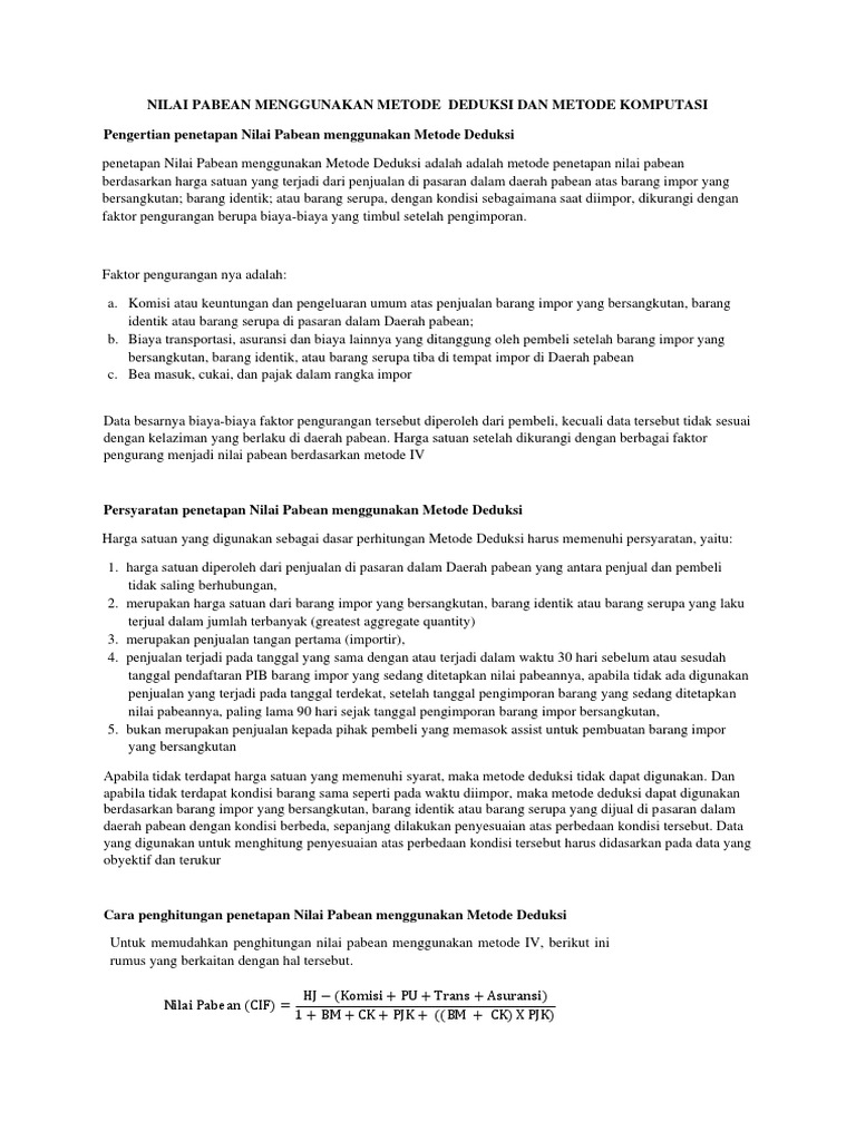 Nilai Pabean Menggunakan Metode Deduksi Dan Metode Komputasi | PDF