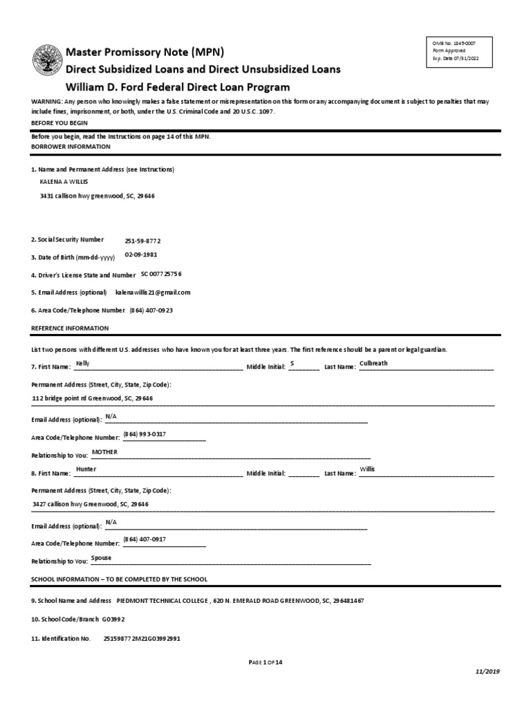 Master Promissory Note (MPN) Direct Subsidized Loans and Direct ...