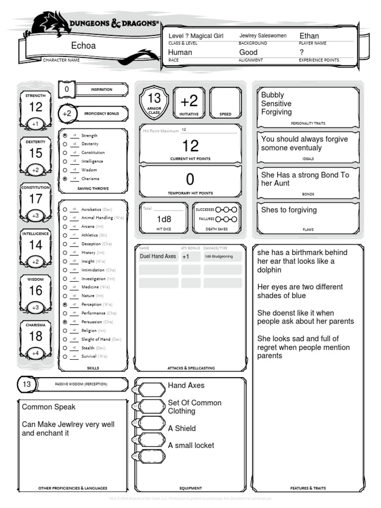 DND - 5E - CharacterSheet - Form Fillable-14 | PDF | Role Playing Games | Leisure