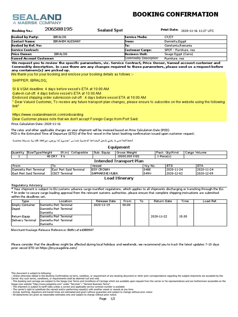 Sealand Spot Booking Confirmation | PDF | Cargo | Transport