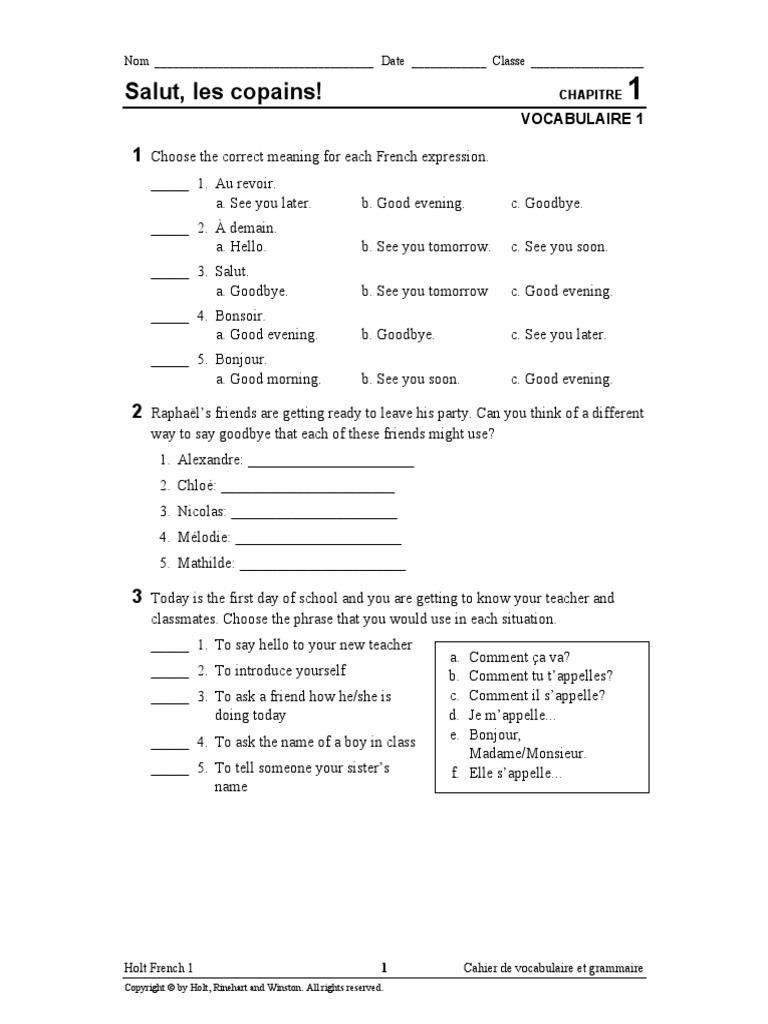 Salut, Les Copains!: Vocabulaire 1 | PDF | Linguistic Morphology ...
