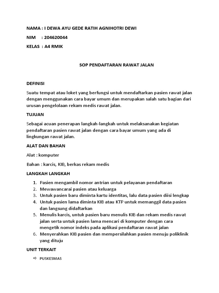 Sop Pendaftaran Rawat Jalan - I Dewa Ayu Gede Ratih Agnihotri Dewi - 204620044 | PDF