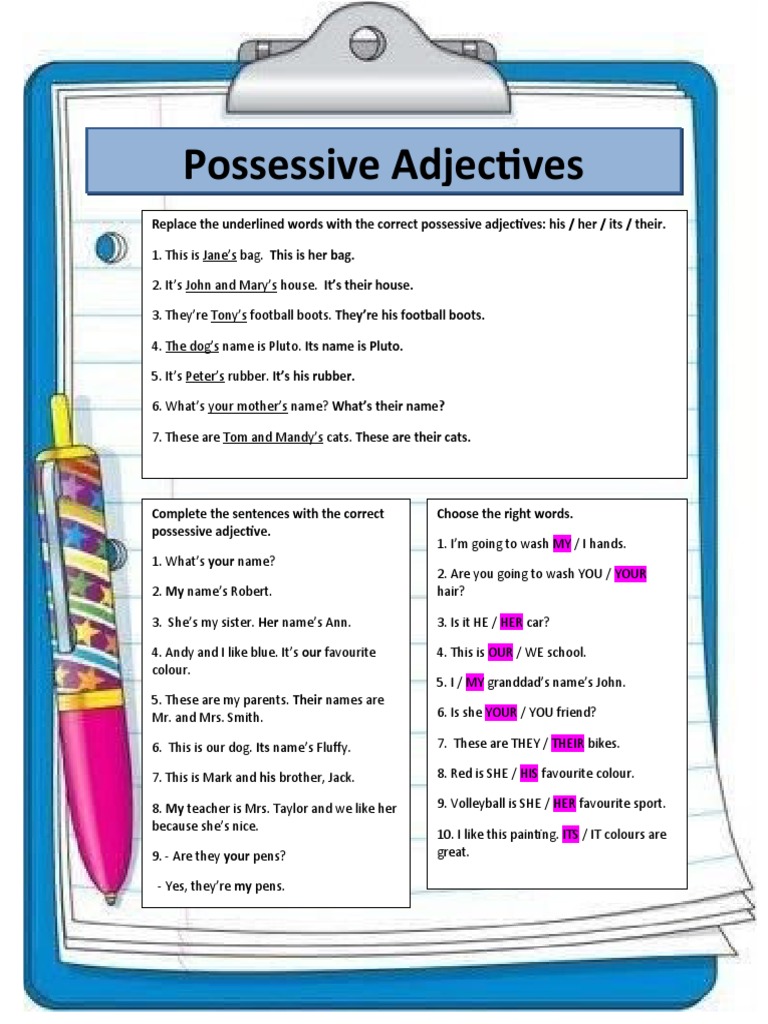 Possessive Adjectives Grammar Drills Oneonone Activities Tests Warmers ...