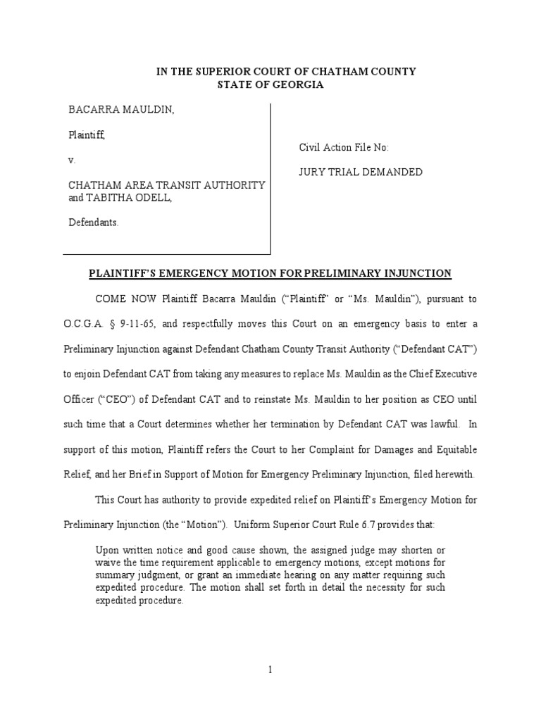 Plaintiff's Emergency Motion For Preliminary Injunction | PDF ...