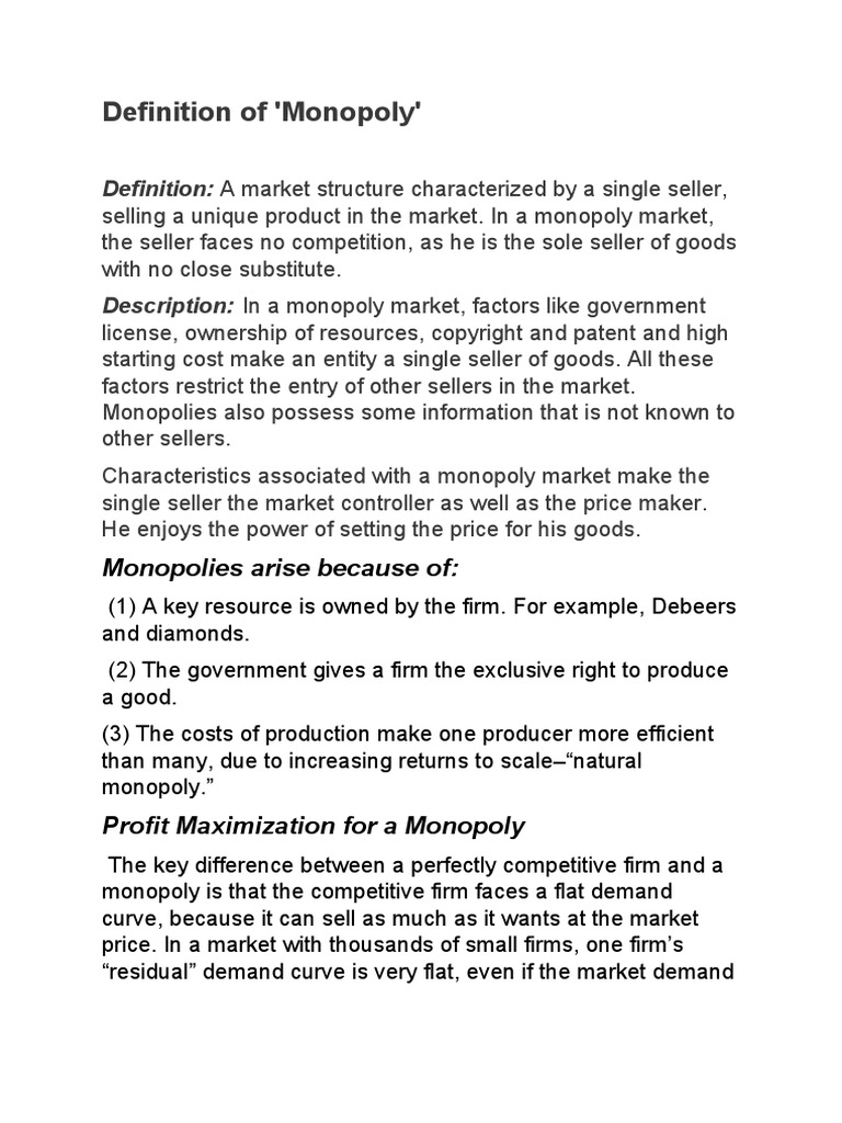 Definition of 'Monopoly': Definition: A Market Structure Characterized ...