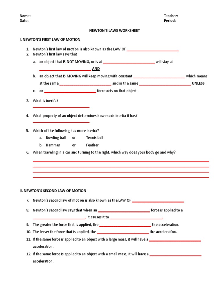 Name: Teacher: Date: Period: Newton'S Laws Worksheet I. Newton'S First ...
