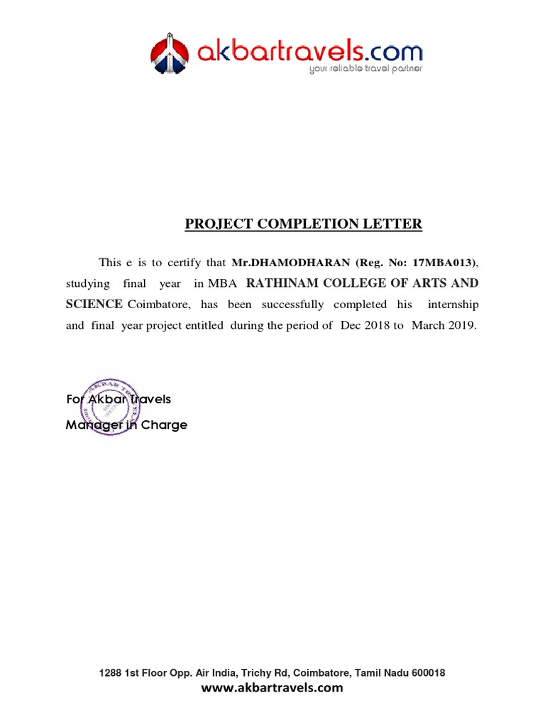 Project Completion Letter: Rathinam College of Arts and Science | PDF