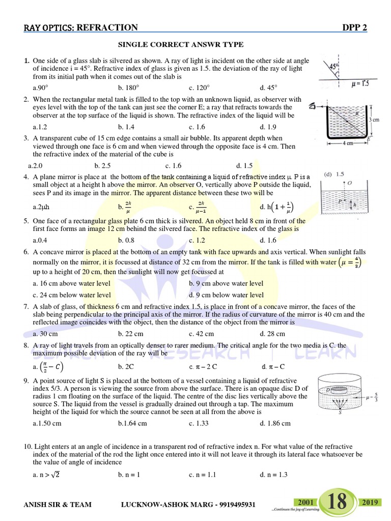RAY OPTICS DPP 1.2 | PDF | Refraction | Mirror