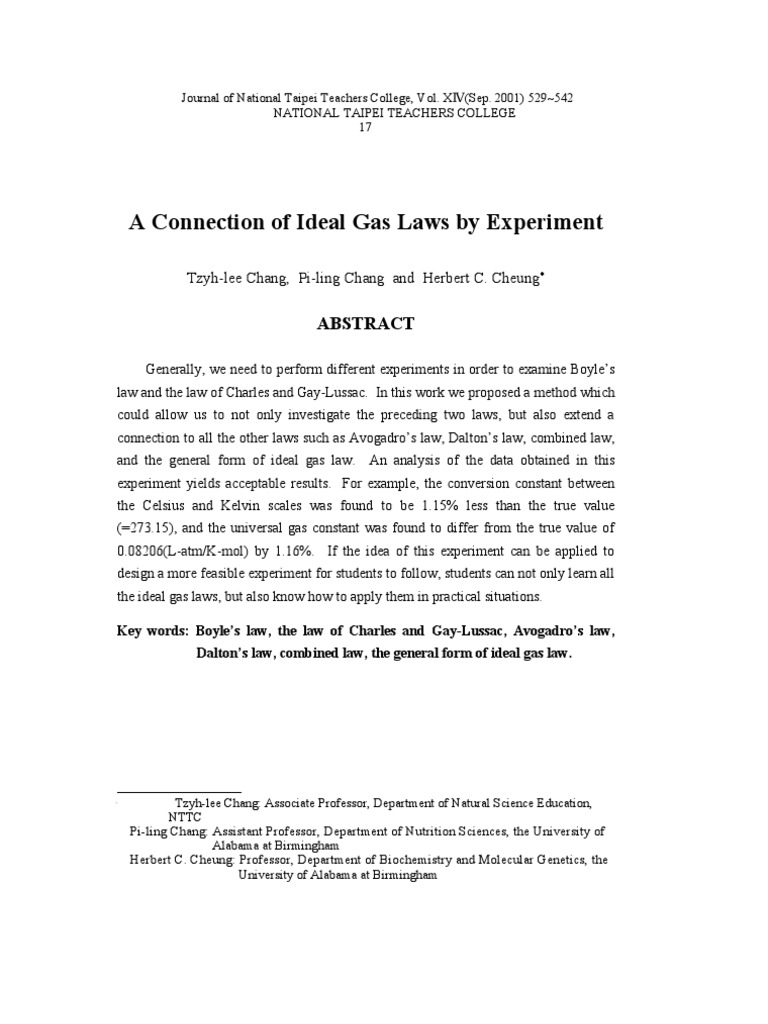 A Connection of Ideal Gas Laws by Experiment | PDF | Gases | Temperature