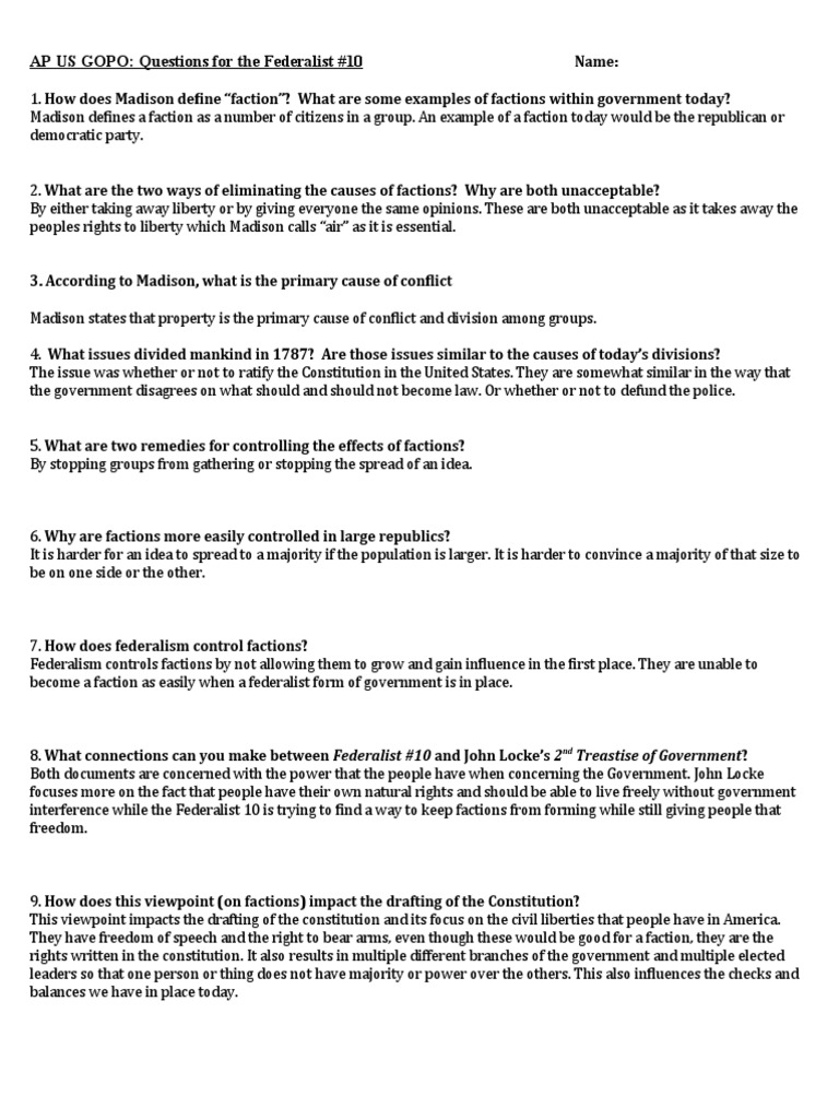 Federalist 10 Questions | PDF | James Madison | Federalism