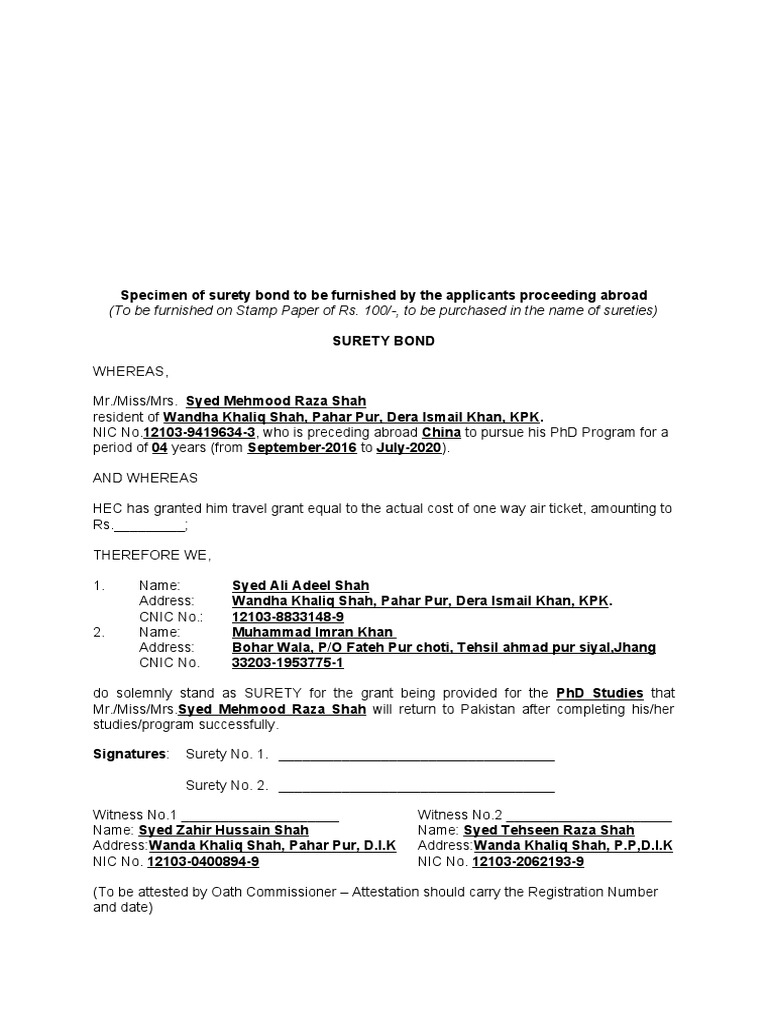 Annex-C Specimen of Surety Bond-1 | PDF