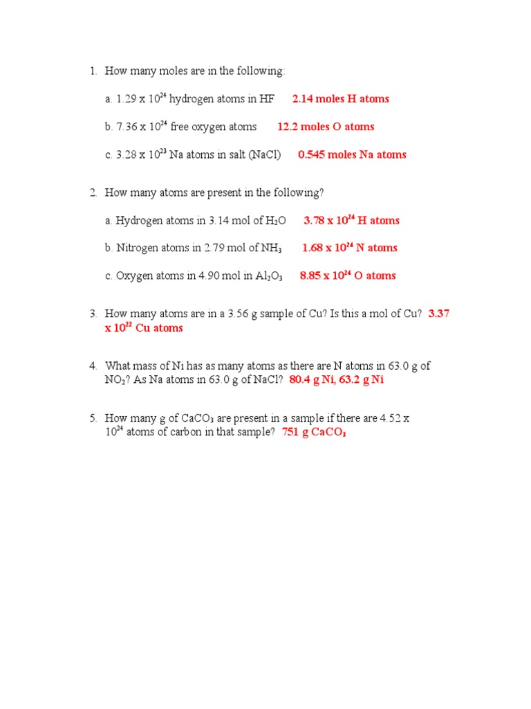 Moles and Atoms Calculation Guide | PDF