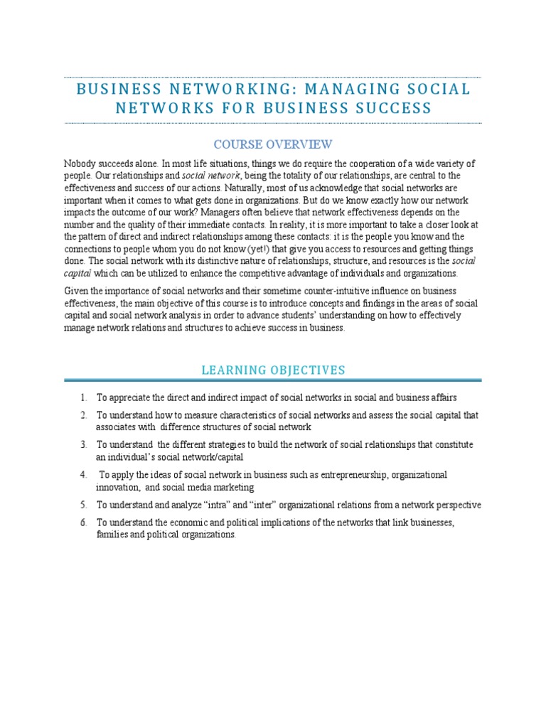 Business Networking Course Outline Mba 2011 | PDF | Social Network ...