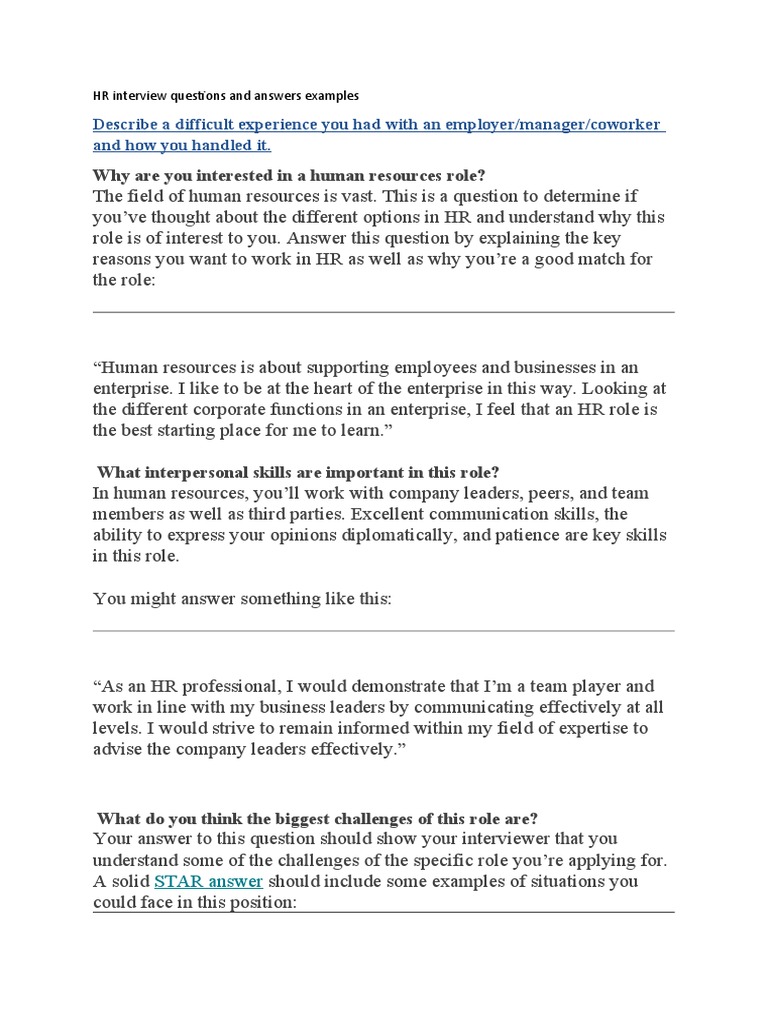 HR Interview Questions and Answers Examples | PDF