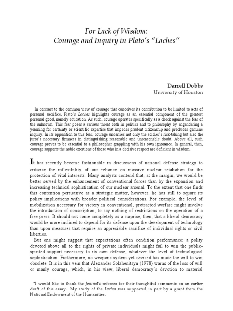 For Lack of Wisdom: Courage and Inquiry in Plato's "Laches" | PDF ...