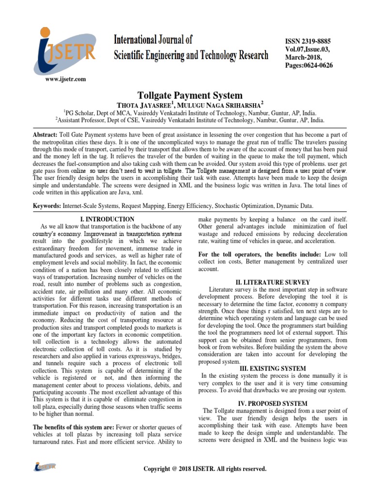Tollgate Payment System: T J, M N S | PDF | Toll Road | Transport