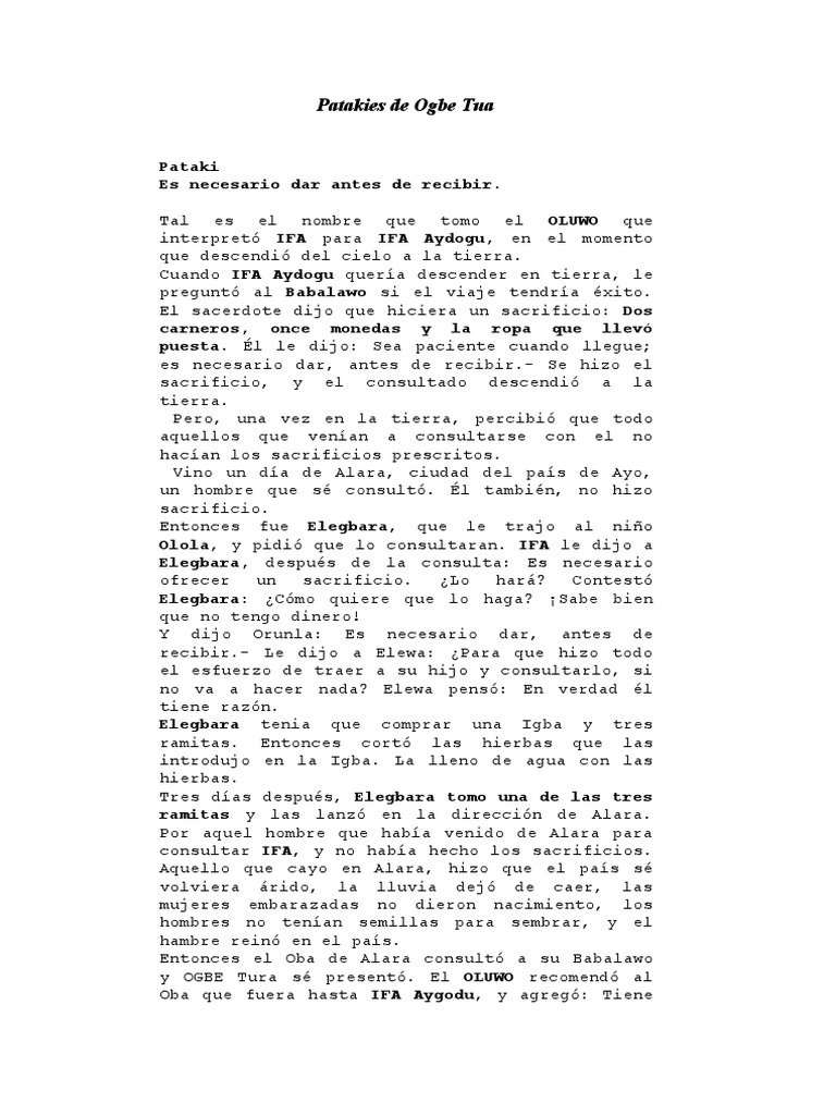 Patakies de Ogbe Tua: Sacrificios y Lecciones | PDF | Santeria ...