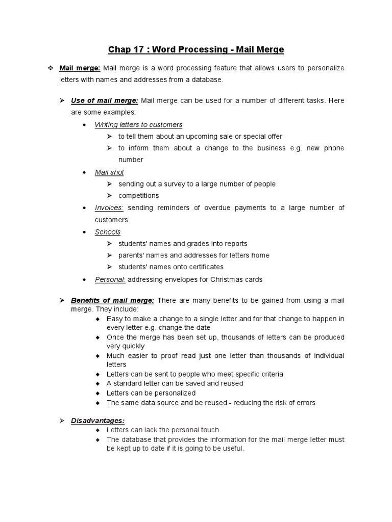 Note On Chap 17 - Word Processing - Mail Merge | PDF | Mail | Multiple ...