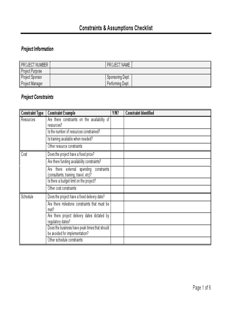 Constraints & Assumptions Checklist | PDF | Procurement | Interface ...