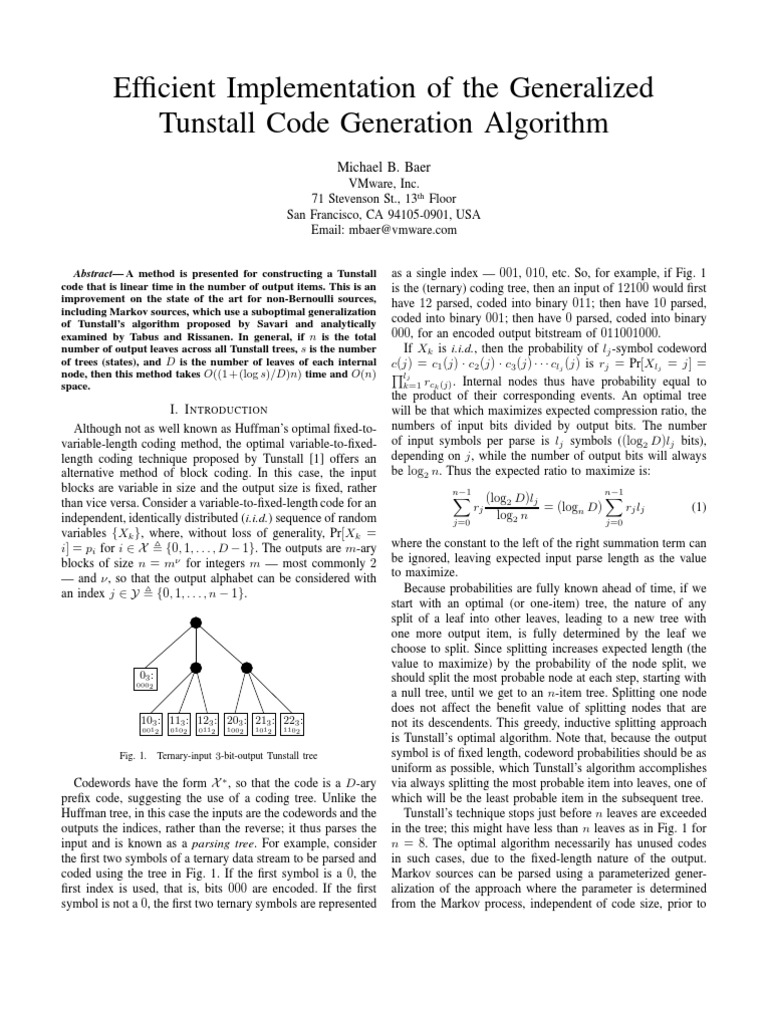 Efficient Implementation of The Generalized Tunstall Code Generation ...