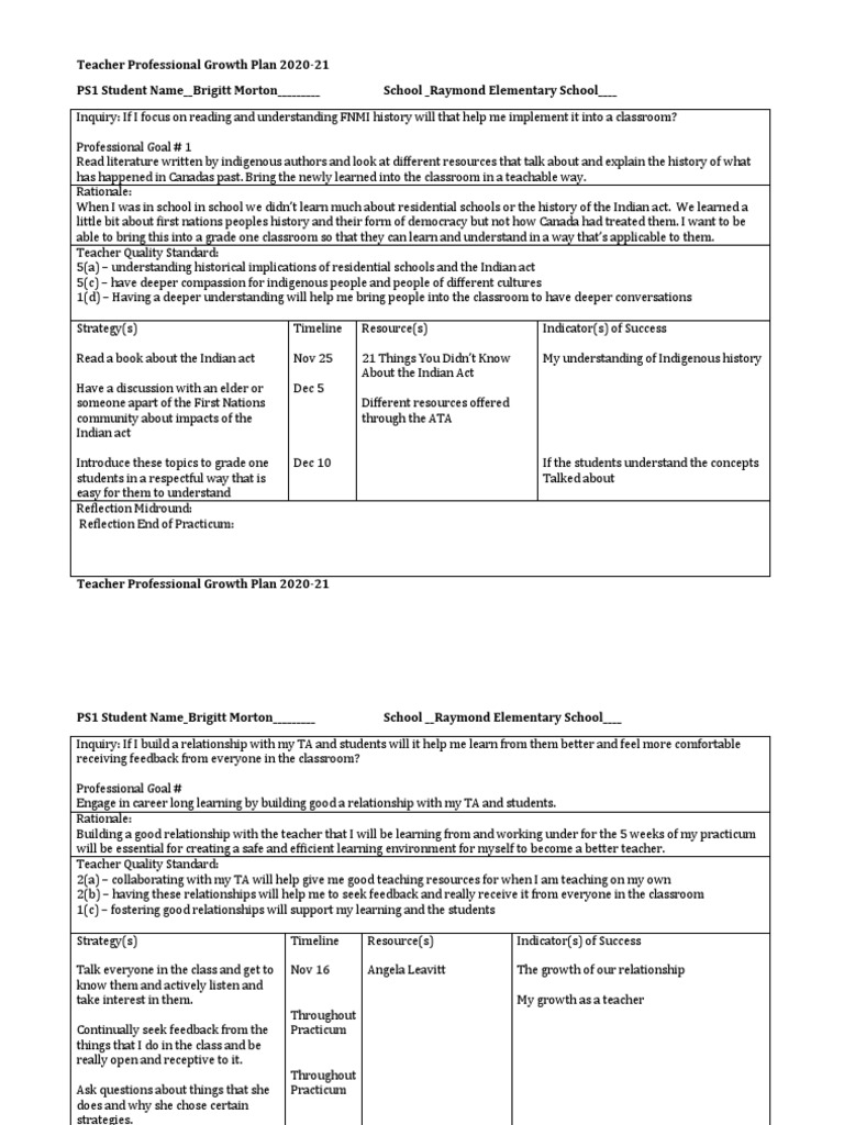 Personal Growth Plan PDF Classroom Teachers